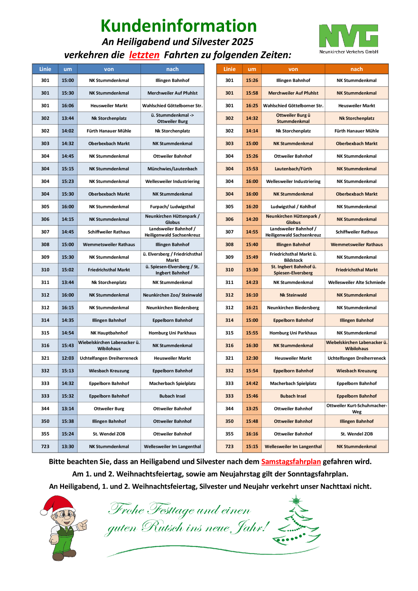 Verkürzter Fahrplan an Heiligabend und Silvester – NVG